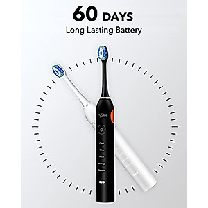 MySmile Electric Toothbrush for Adults, Rechargeable Sonic Electronic Toothbrush with 6 Brush Heads and Travel Case, 2 Mins 5 Modes Smart Timer, 48000VPM (Black)