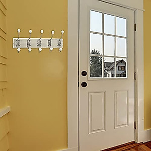 French Country House Wall Rack, 5 Hooks, Shabby Distressed Finish, Rustic White, Weathered Gray Wood, Vintage Inspired, Porcelain Caps, 22.75 L x 4.75 W x 8.25 H Inches