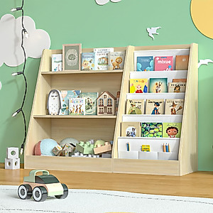 Arbuxzuy Kids Bookshelf and Toy Storage, 3 Tier Wooden Kids Bookcase with Storage, Floor-to-Ceiling Baby Book Organizer with Sling, Children Book Rack for Playroom, Classroom, Nursery, Natural