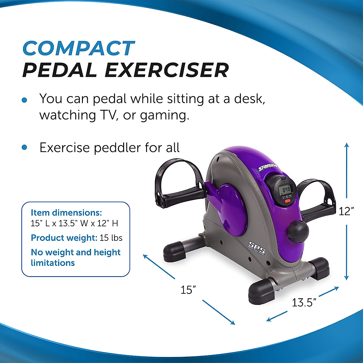 Stamina Mini Exercise Bike with Smooth Pedal System - Portable Pedal Exerciser - Cardio Equipment Fitness Bike - Stationary Bike for Home Workout - Purple