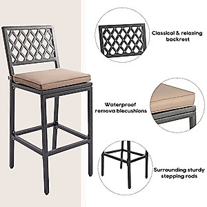 ONLYCTR Outdoor Bar Chairs and Table, Metal Outdoor Bar Set, 3 Piece Patio Bar Table Set with Bar Stools & Cushions for Backyard, Porch, Bistro, Balcony (Gray, 55" Table, 2 X-Back stools)