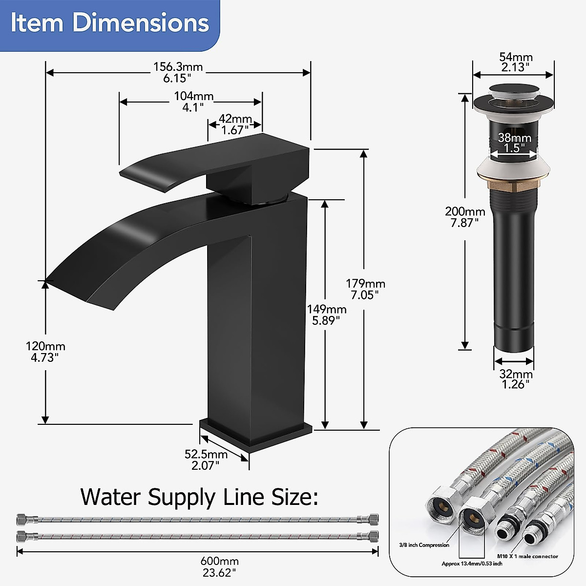 Phiestina Matte Black Waterfall Single Handle One Hole Bathroom Sink Faucet, Square Single Hole Basin Faucet with Metal Pop-up Drain with Overflow and Water Supply Line, BF01049-N1-MB