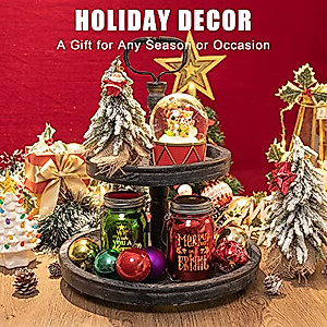 Vipush Farmhouse Two Tiered Tray,Distressed Wood Two Tier Tray,Decorative Rustic Wooden 2 Tier Serving Tray Cake Stand for Kitchen and Seasonal Decor,Black