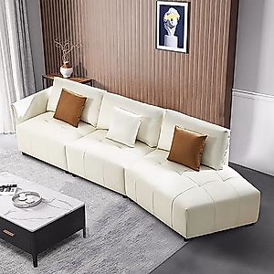 BAMOOLI 120'' Leather Curved Sectional Couches, Mid-Century Modern Leather Sectional Sofa Couches with 3 Pillows, Modular Sectional Couch Real Leather Sofas for Living Room, Bedroom, Apartment, Beige