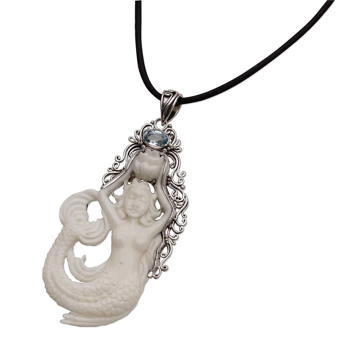 NOVICA Artisan Blue Topaz and Bone Pendant Necklace Sterling Silver Mermaid Leather Indonesia Animal Themed Birthstone Sea Lifemermaid [19.75 in L 2 mm W Pendant(s) 3 in H x 1.4 in W x 0.3 in D] '