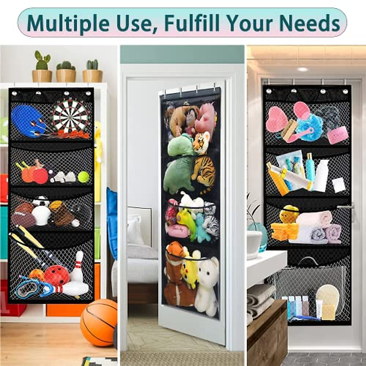 Stuffed Animal Storage, Over The Door Organizer Storage for Filling Stuff Toys, Stuffed Animals Holder with 4 Pockets, Foldable Portable Durable Hanging Storage Holder for Room (Black)
