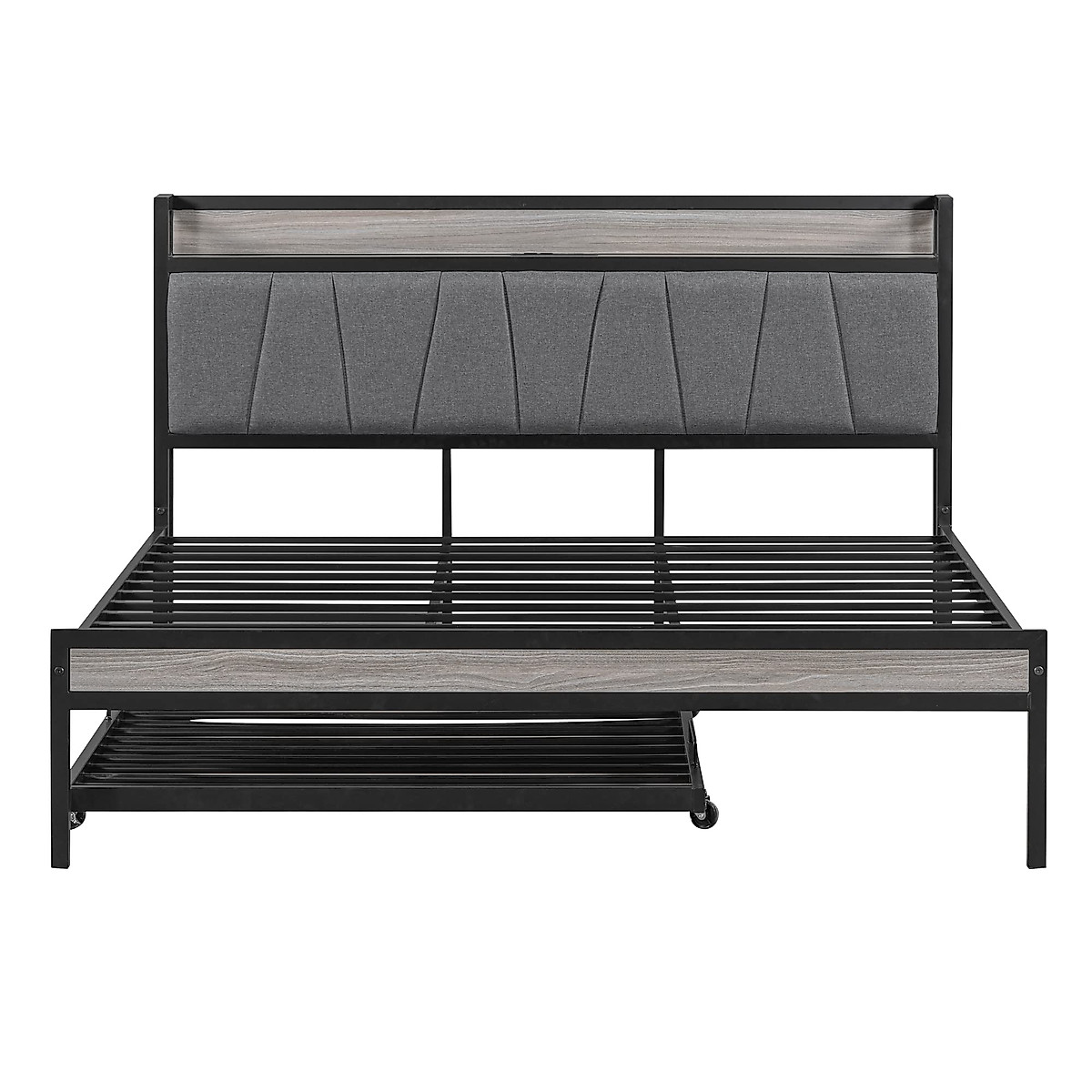 Queen Bed Frame with Trundle and Outlet & USB Ports Metal Platform Bed with Upholstered headboard, Queen Size Metal Panel Bed with Shelf, Noise-Free, No Box Spring Needed, Black with Gray