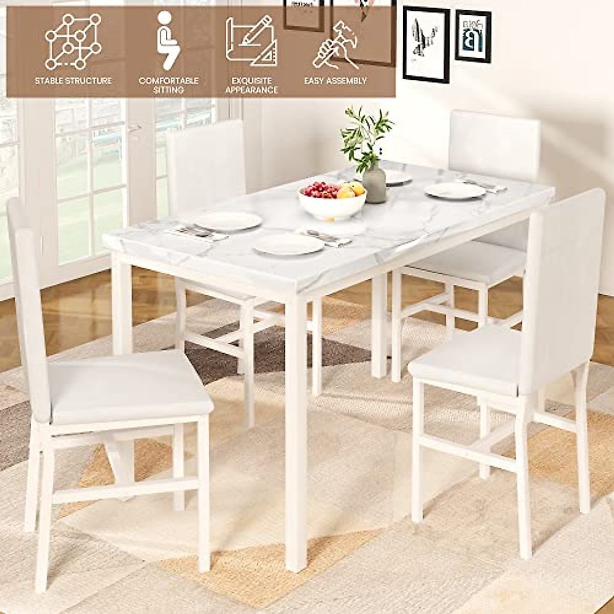 tantohom Faux Marble Dining Table Set, Compact Kitchen Table and Chairs for 4, 5 Pieces Dining Room Table Set with 4 Leather Upholstery Chairs for Small Space, Living Room, Breakfast Nook, All White
