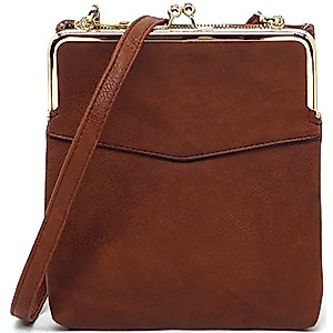 Fashion Kiss Lock Crossbody bag Double Compartment Crossbody Bag Multi Pocket Crossbody bag Satchel Purse (Brown)