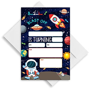 LoaHak Astronaut Birthday Party Invitations Card For Kids, Planets Rocket Ship Party, Outer Space Birthday Invitation. (074)