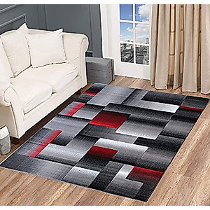 Champion Rugs Squares Modern Geometric Hand Carved Red Grey Black Area Rug Easy to Clean Stain & Fade Resistant Soft Plush Bedroom Living Room Contemporary Dining Accent (7’ 8” X 10’ 8”)