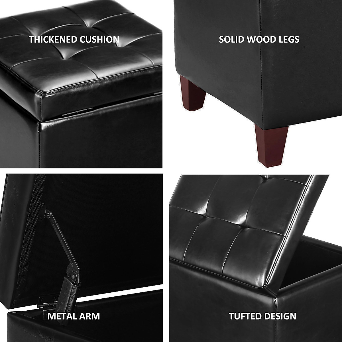 Adeco Bonded Leather Square Tufted Cubic Cube Footstool, 18" Height Storage Ottomans, With Lid, Black