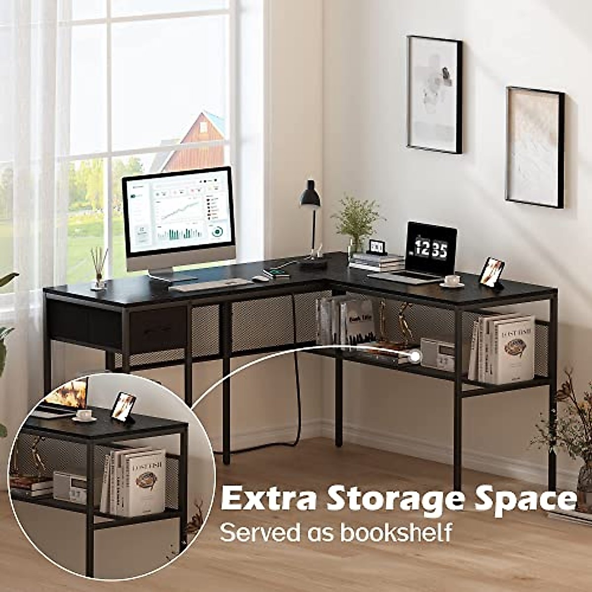 SUPERJARE L Shaped Desk with Power Outlets, Computer Desk with Drawer, Reversible Corner Desk with Grid Storage Bookshelf, Home Office Desk, Black