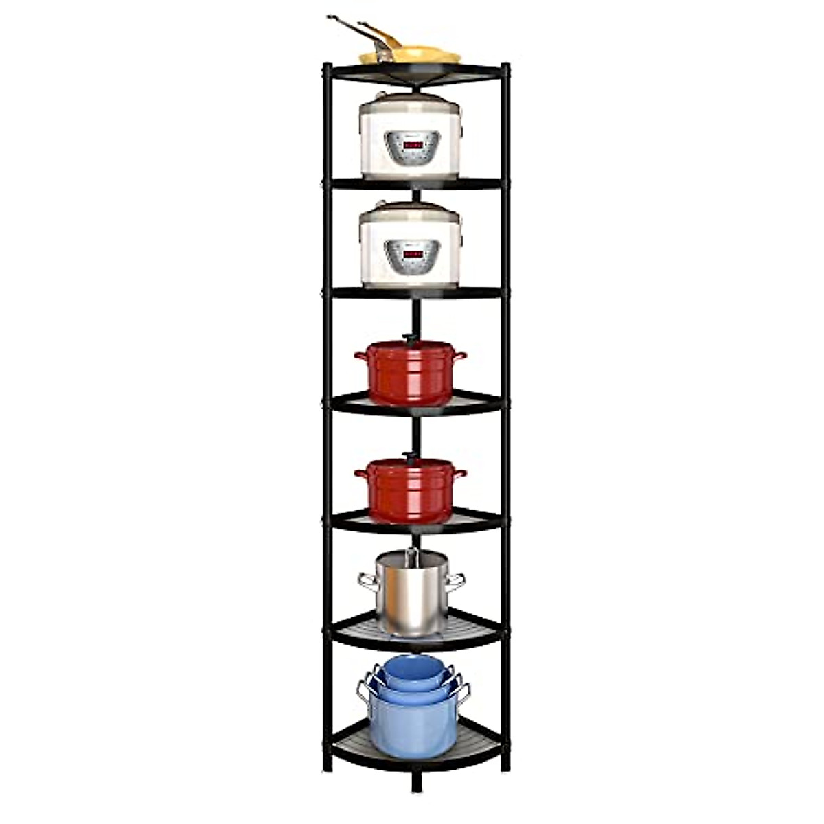 ZIGAMA 7-Tier Kitchen Corner Shelf Adjustable Pot Rack, Cookware Free Standing Storage Organizer ，Pot and Pans Tower Metal Shelves for Kitchen