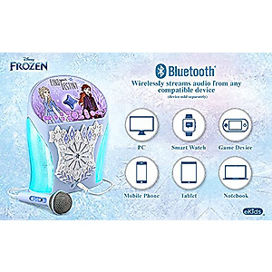 eKids Disney Frozen Karaoke Machine, Bluetooth Speaker with Microphone for Kids, Speaker with USB Port to Play Music, Easily Access Frozen Playlists with New EZ Link Feature