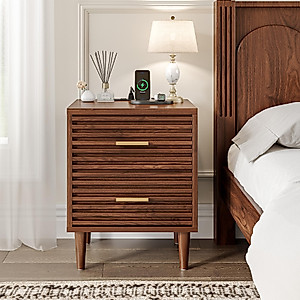 Alohappy Night Stand with Charging Station Set of 2, Bedside Table with 2 Drawers, Mid Century Modern End Table, Bed Side Table with USB Ports and Outlets, Nightstand for Bedroom, Brown 2pcs