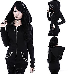 Women Gothic Punk Ring Front Zip up Long Sleeve Hoodie Sweatshirt Jacket Coat (L) Black