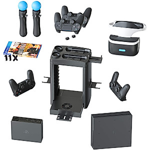 Skywin- Charging Station Compatible with PS4 VR Headset, PSVR Charging Station Stand with Game Disc Rack, Headset and Console Stand, Cooling Fan, Controller Charger and USB Hub - Multipurpose VR Stand