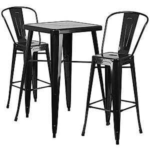 EMMA + OLIVER Commercial 23.75SQ Silver Metal Indoor-Outdoor Bar Table Set-2 Stools-Backs