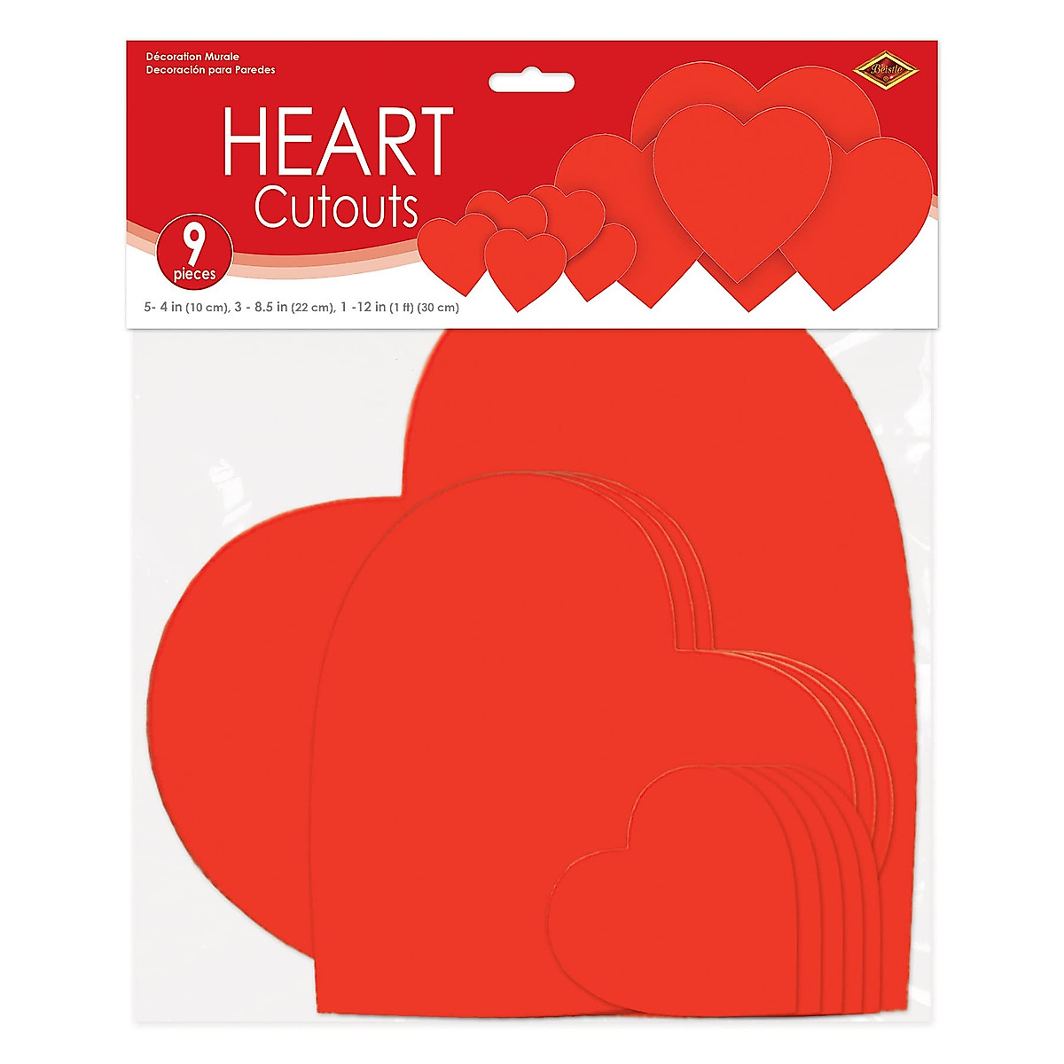 Beistle Printed Cardstock Paper Heart Cut Outs 9 Piece Valentine's Day Decorations, 4" - 12", Red