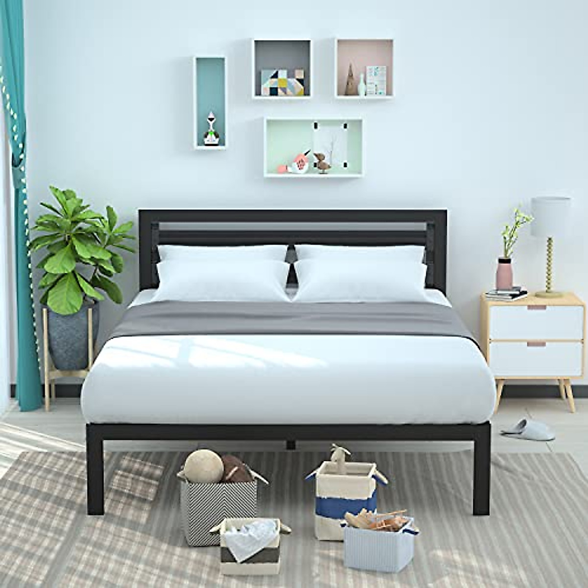 Amazon Basics Metal Bed with Modern Industrial Design Headboard - 14 Inch Height for Under-Bed Storage - Wood Slats - Easy Assemble, Queen, Black