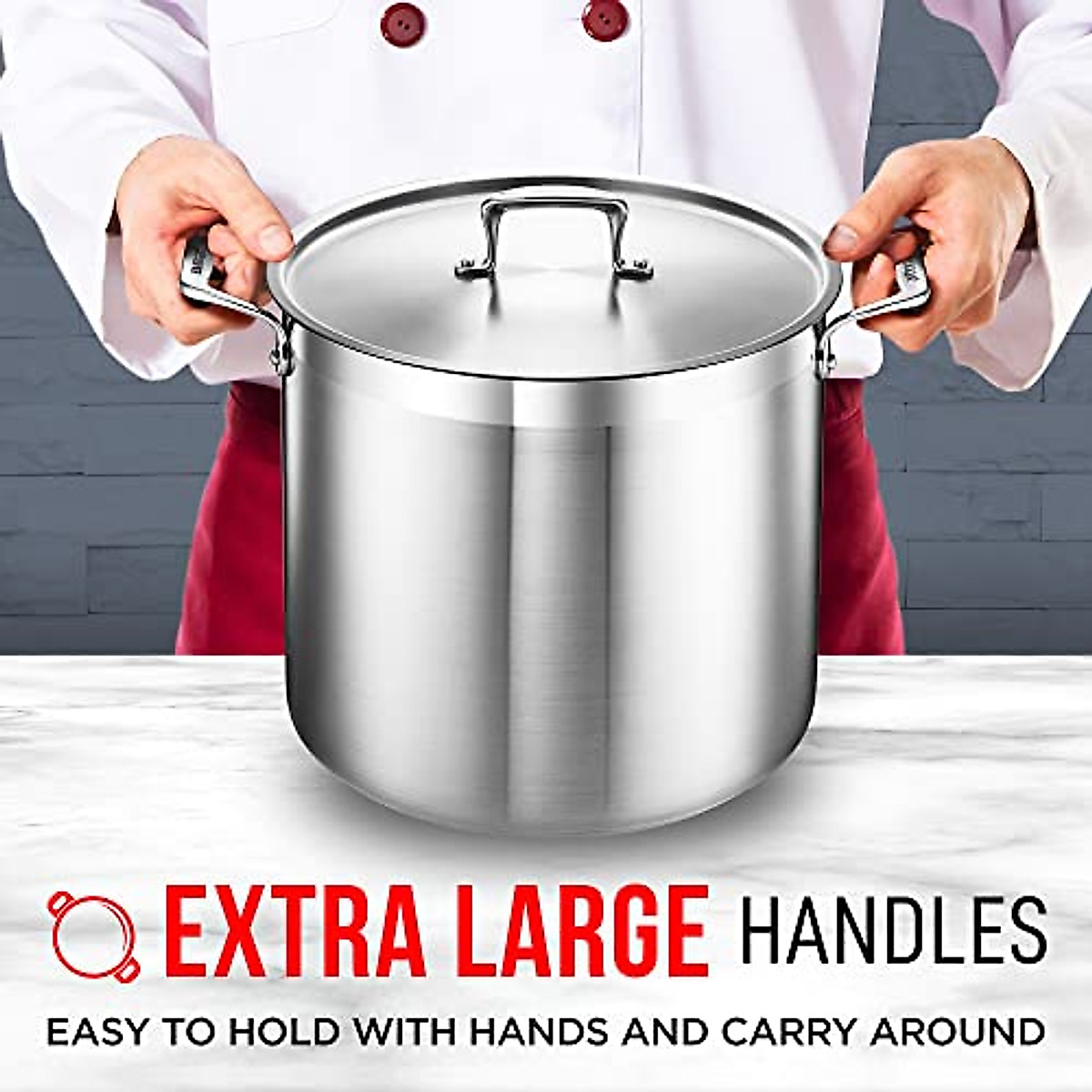 Stockpot – 24 Quart – Brushed Stainless Steel – Heavy Duty Induction Pot with Lid and Riveted Handles – For Soup, Seafood, Stock, Canning and for Catering for Large Groups and Events by BAKKEN