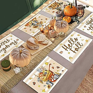 Fall Placemats Set of 6, Autumn Thanksgiving Fall Pumpkin Leaves Plaid Burlap Placemats 12 X 18 Inch Kitchen Dining Table Decor, Rustic Sunflower Fall Decorations for Home Rectangle Placemats
