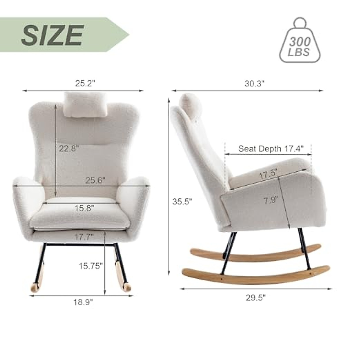 HForesty Teddy Rocking Chairs, Glider Chair for Nursery with Armrests, Upholstered Velvet Nursery Chair with Headrest, Glider Rocker with Backrest, Comfy Chair for Bedroom, Living Room, Kitchen