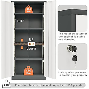 Shahoo Metal Storage Cabinet with Lockable Door and Shelves for File, Tool, Medium Size for Garage, White and Gray