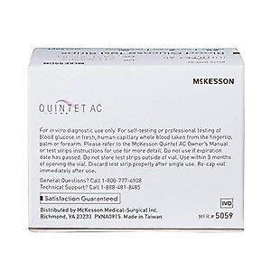 McKesson QUINTET AC Blood Glucose Test Strips - Auto Coding, Noble Electrode Strips, for Self-Testing and Point-of-Care Testing of Whole Blood Glucose, 100 Strips, 2 Packs, 100 Total