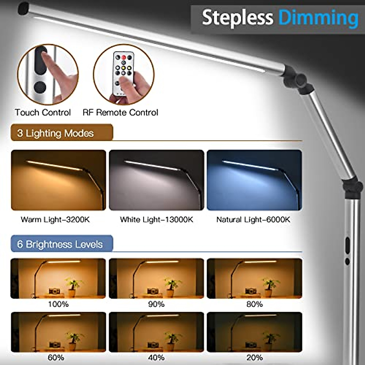 Coyfa LED Desk Lamp with Clamp and RF Remote, Metal Swing Arm Desk Lamps for Home Office, 3 Color Modes 6 Brightness Timing Dimmable Eye Caring Memory Function Desk Light