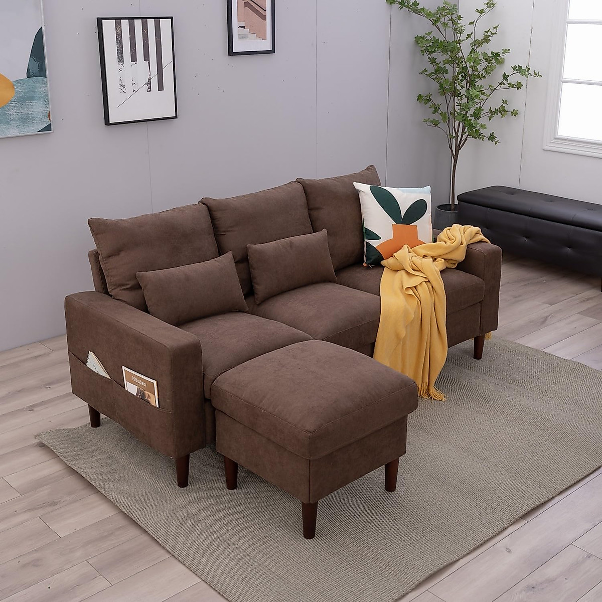 Panana Convertible Sectional Sofa Couch Modern L-Shaped Couch 3 Seat Fabric Sofa for Small Space (Brown)