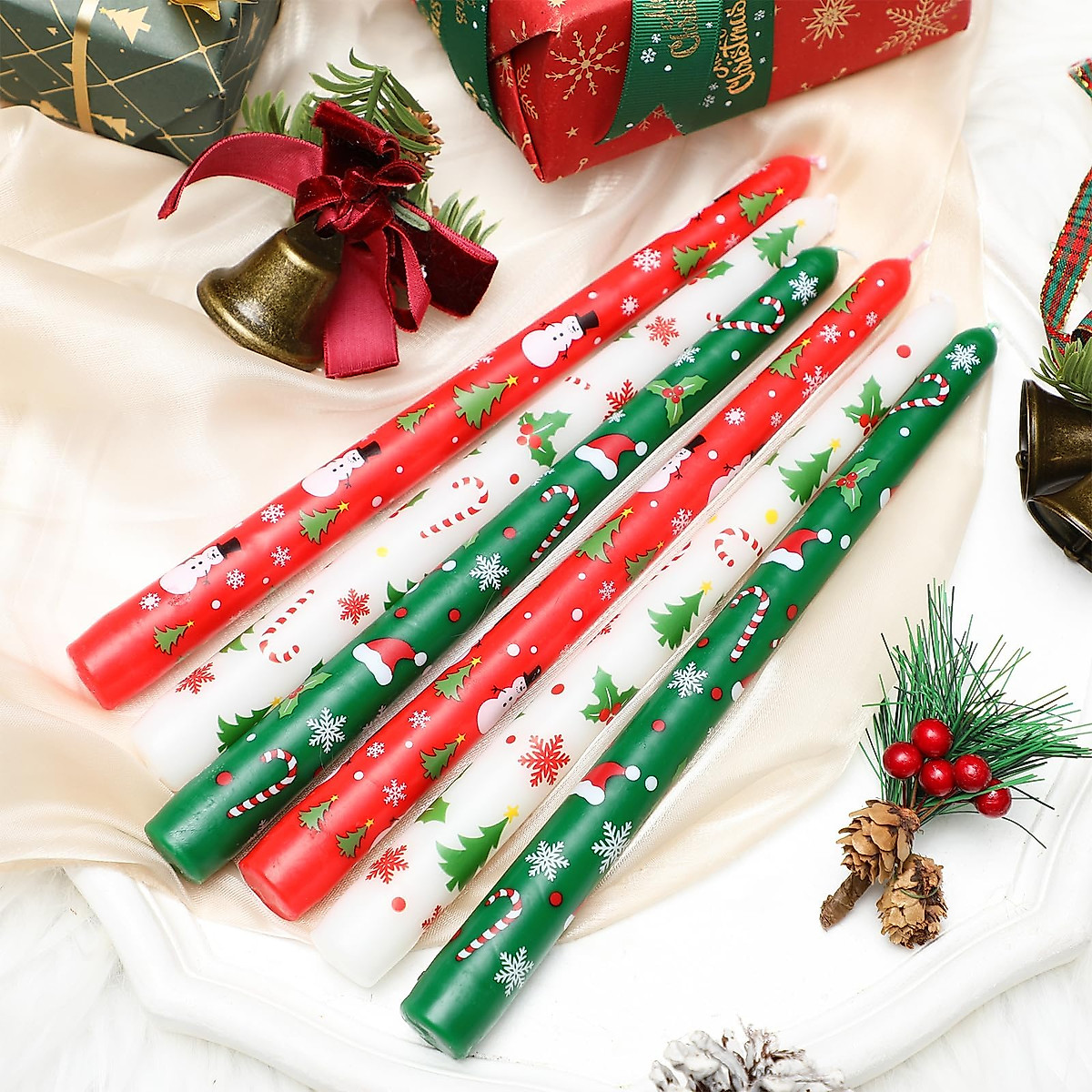 Tuitessine Christmas Taper Candles 6Pcs, 10" Long Taper Candlesticks Christmas Candle Decorations Unscented White Green Red Taper Candles for Christmas Holiday Party Gift Home Decor (No Holder)