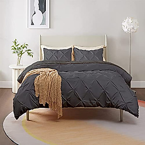 Precious Star Linen Decorative Pinch Pleated Pintuck Duvet Cover Set Super King 108x98 Inch with Zipper & Corner Ties, 800-TC 100% Cotton Soft & Cozy Duvet Cover & 2 Pillow Sham, Grey