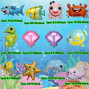 12 pieces Large Cute Sea Animal Balloons Octopus Shark Fish Dolphin Hippocampus Crab Scallops Foil Balloons for Boys Girls Sea Underwater Animals Theme Party Decoration