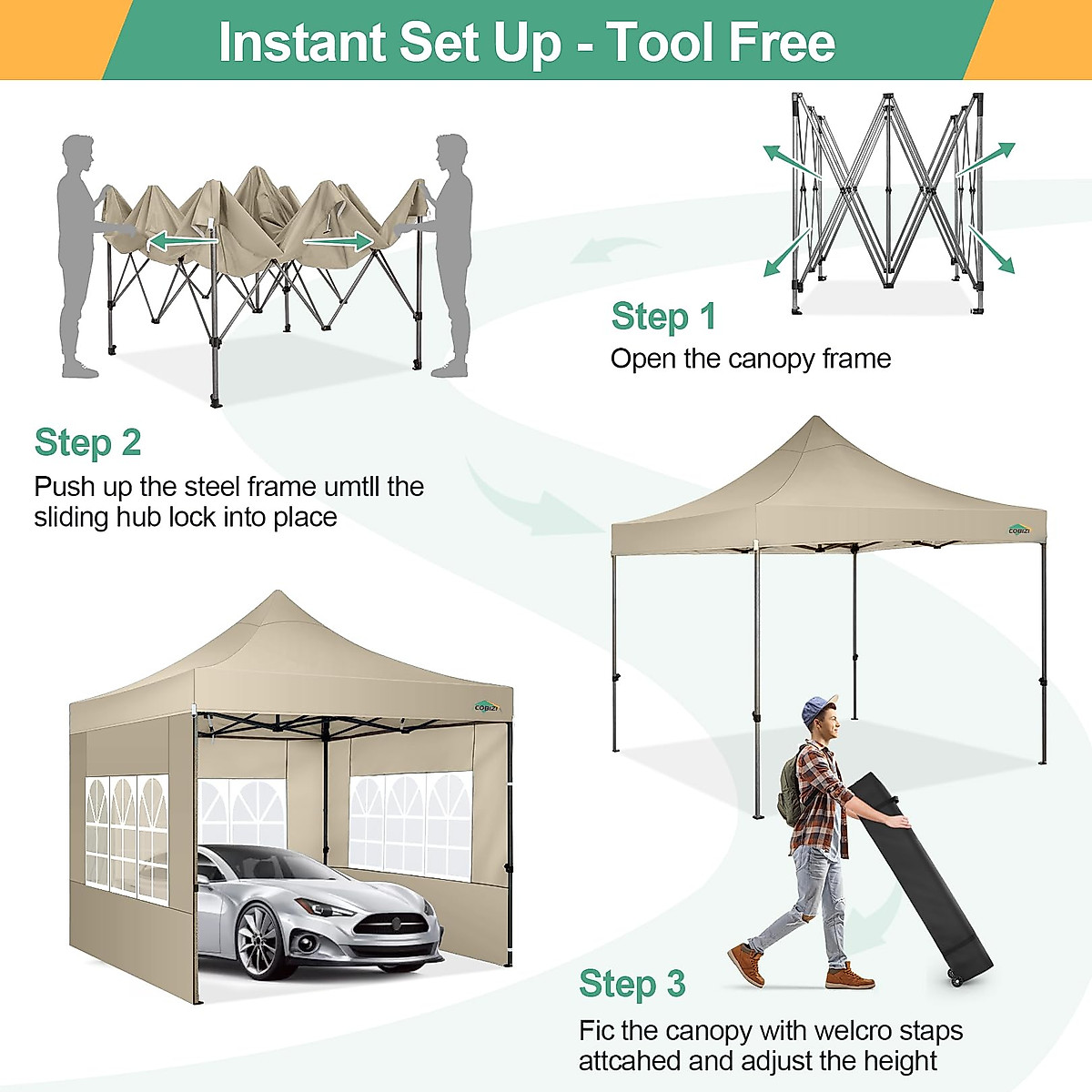COBIZI 10x10 Pop Up Canopy Tent with 4 sidewalls Commercial Heavy Duty Canopy UPF 50+ All Weather Waterproof Outdoor Canopy Wedding Tents for Parties Gazebo with Roller Bag, Khaki (Windproof Upgraded)