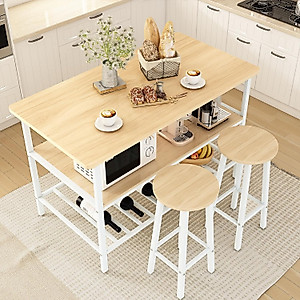 AWQM Island Table with Seating and Storage, Beige, 3 Shelves, Wooden Counter Height Table Top, 2-piece Bar Table Set for Small Space