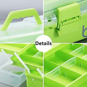Kinsorcai 12'' Three-Layer Clear Plastic Storage Box/Tool Box, Multipurpose Organizer and Portable Handled Storage Case for Art Craft and Cosmetic (Green)