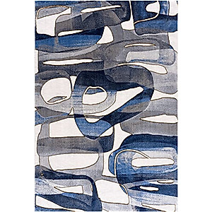 Abani Unique Blue & Grey Modern Circles Design Area Rug - Contemporary Asymmetric Print Non-Shed 4’ x 6’ Living Room Rug Rugs