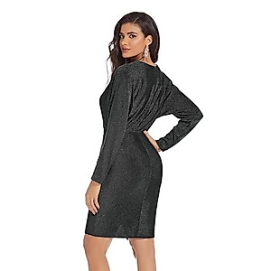 Long Sleeve V Neck Sparkle Wrap Dress Ruched Cocktail Party Dresses Bodycon Midi Sexy Club Dress Black S