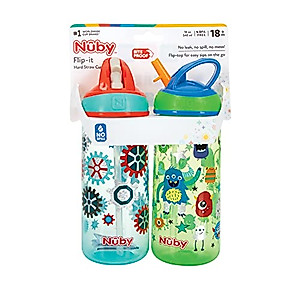 Nuby 2 Pack Iridescent Flip-it Kids On-The-Go Printed Water Bottle with Bite Proof Hard Straw - 18oz / 540 ml, 18+ Months, 2 pk Prints May Vary