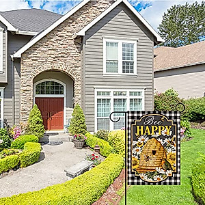 Covido Home Decorative Bee Happy Spring Garden Flag, Daisy Flowers Bird House Yard Buffalo Plaid Check Hive Sunflower Honeycomb Outside Decoration, Summer Farmhouse Outdoor Small Burlap Decor 12 x 18