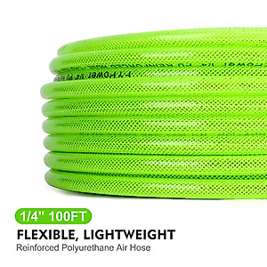 FYPower Air Compressor Hose 1/4 Inch x 100 Feet Reinforced Polyurethane (PU) Air Hose with Fittings, Bend Restrictors, 1/4" Industrial Quick Coupler and Plug Kit, Green