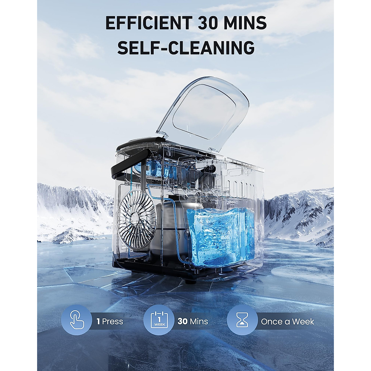 EASYERA Ice Maker Countertop, Portable Ice Machine 9 Cubes in 6 Mins, 26 lbs in 24 Hrs, Two Sizes of Bullet Ice Self-Cleaning with Ice Scoop, Bag, and Basket, for Kitchen, Party, RV, Bar-Black