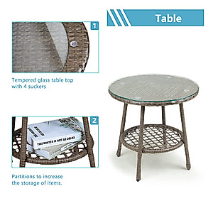 FYRICKYLINOO 3 Pieces Patio Conversation Set Outdoor Patio Furniture Sets All Weather PE Rattan Wicker Porch Sofa Single Chairs with 2 PCS Pillows & Coffee Table for Garden Backyard（Grey Cushions