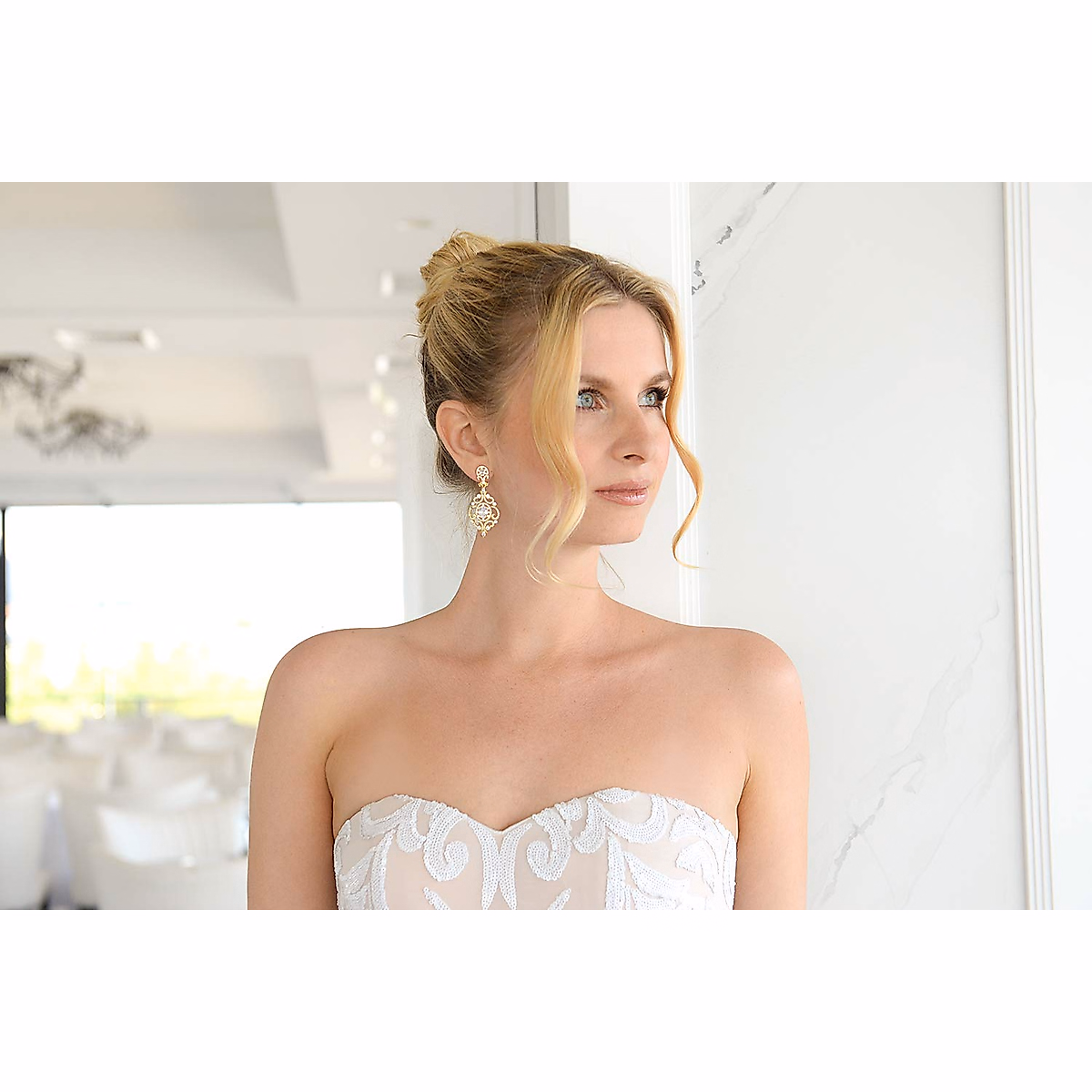 Mariell 14K Gold Plated Clip-On Earrings Cubic Zirconia Wedding or Evening Victorian Scroll Chandelier