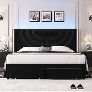 HITHOS Full Upholstered LED Bed Frame with 2 Storage Drawers, Velvet Platform Bed with Wingback Headboard, Solid Wooden Slats Support, No Box Spring Needed, Headboard Splicing Design, Black