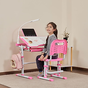 Real Relax Kids Desk and Chair Set, Height Adjustable Children's School Study Writing Tables with Tilt Desktop, LED Light, Storage Drawer, Metal Hook, Book Stand, Pink