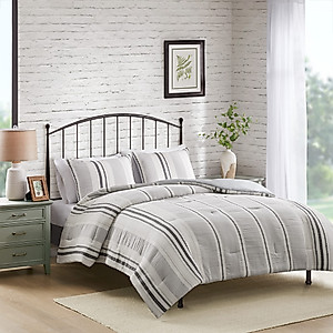 Hyde Lane Neutral Farmhouse Bedding Set, 3 Pieces Full/Queen Size Grey Comforter Sets, Cotton Top with Modern Rustic Style Stripes Including 1 Comforter 2 Pillowcases