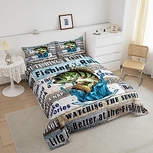Bass Fish Fishing Theme Kids Comforter Set Queen Size,Lake House Cabin Camper Bedding Set,Girls Boys Adults Room Decor,Teal Wooden Plank Down Comforter,Rustic Farmhouse Duvet Insert,2 Pillowcases